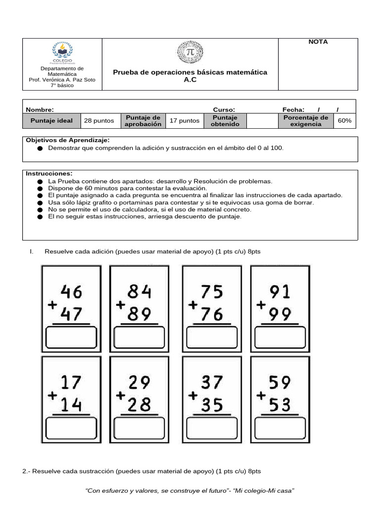 Suma y Resta con Canje en Prueba 7° | PDF