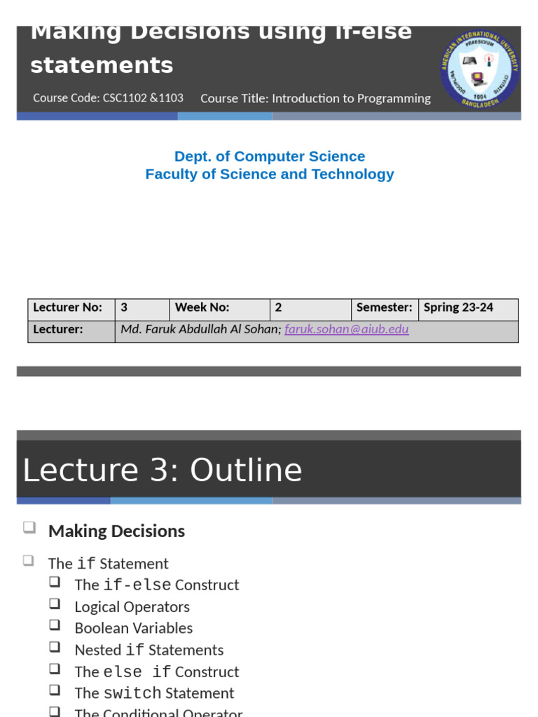 IP Lecture 3 ConditionalStatements (Autosaved) | PDF | Computer Programming | Software Engineering