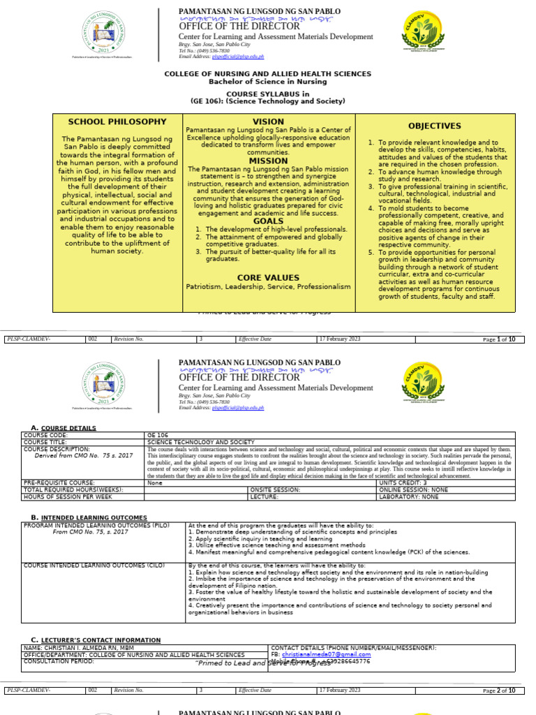 PLSP-CLAMDEV-Course Syllabus-GE 106 | PDF | Science | Learning