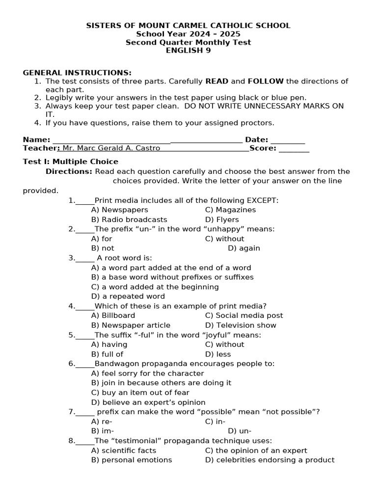ENGLISH 9 2nd QUARTER MONTHLY TEST | PDF | Propaganda | Word