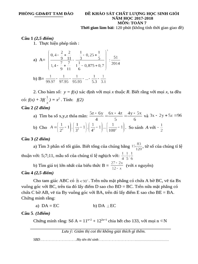 De HSG Toan 7-2017 Vong 1 | PDF