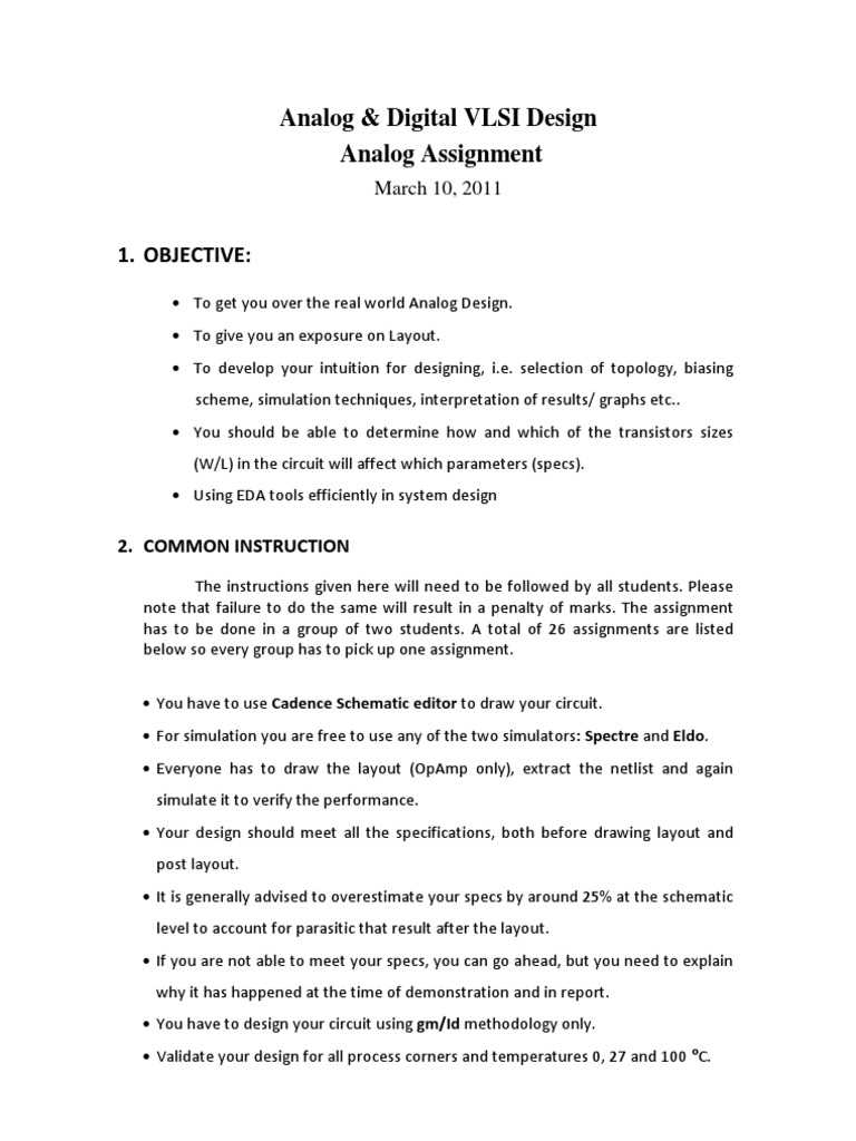 Analog & Digital VLSI Design Analog Assignment: 1. Objective | PDF | Operational Amplifier ...