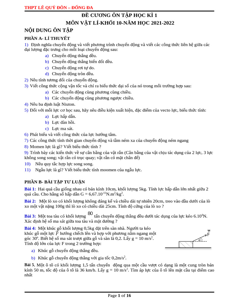 Ly10 - ĐỀ CƯƠNG ÔN TẬP HK1 | PDF