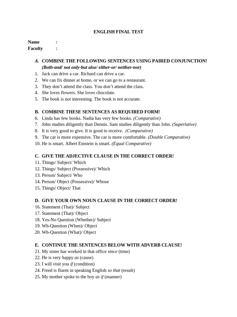 English Final Test: Sentence Structure | PDF | Subject (Grammar ...