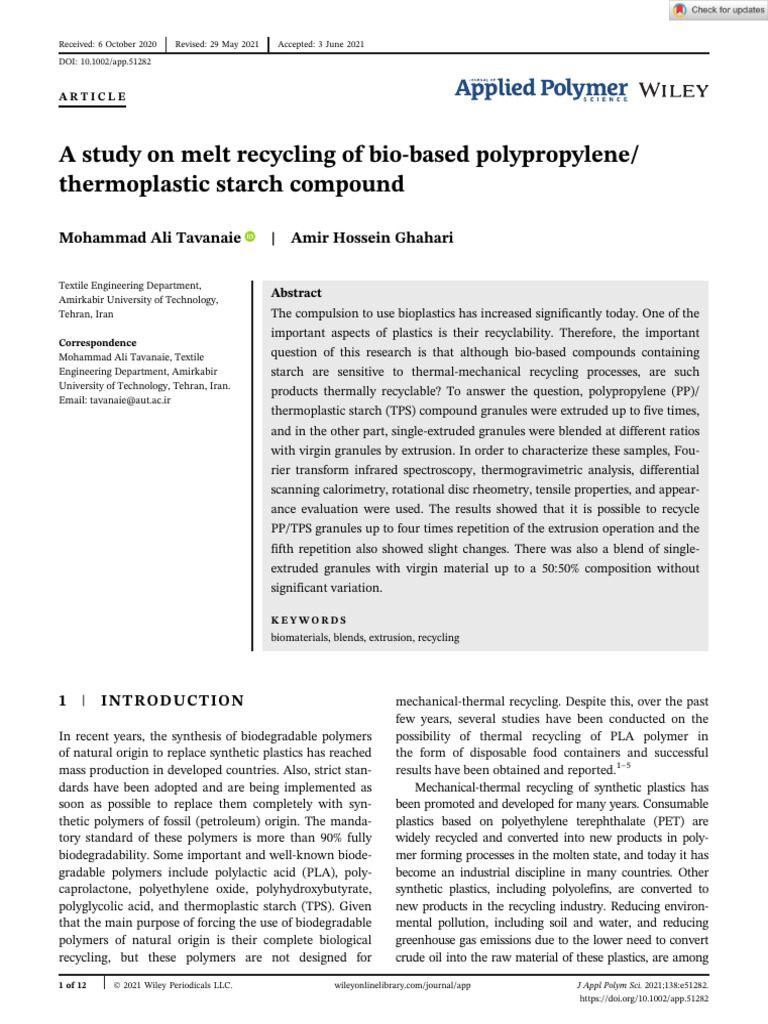 J of Applied Polymer Sci - 2021 - Tavanaie - A Study On Melt Recycling of Bio Based ...