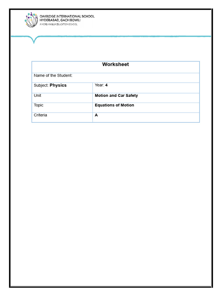 G9 - 5 - Equations of Motion - Worksheet | PDF
