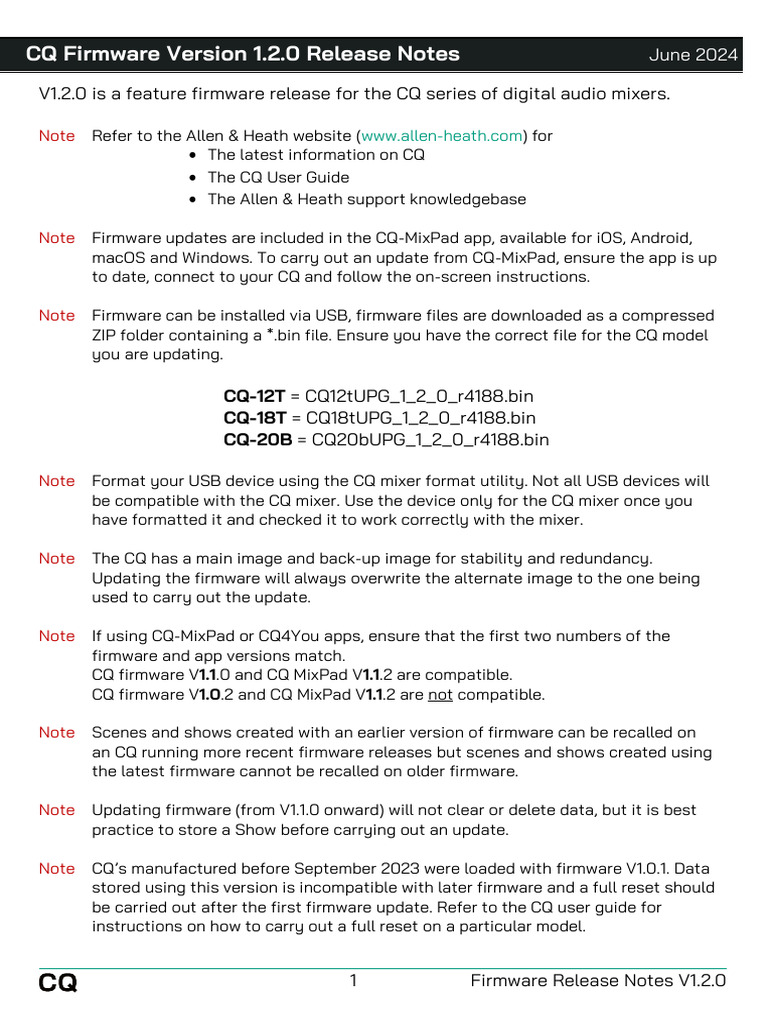 CQ FirmwareReleaseNotes V1 2 0 | PDF | Computer File | Booting