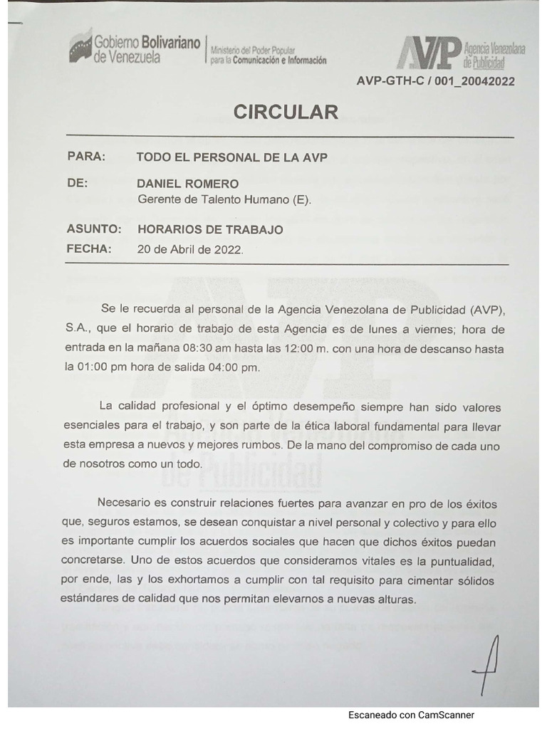 Circular de Horario de Trabajo de AVP | PDF