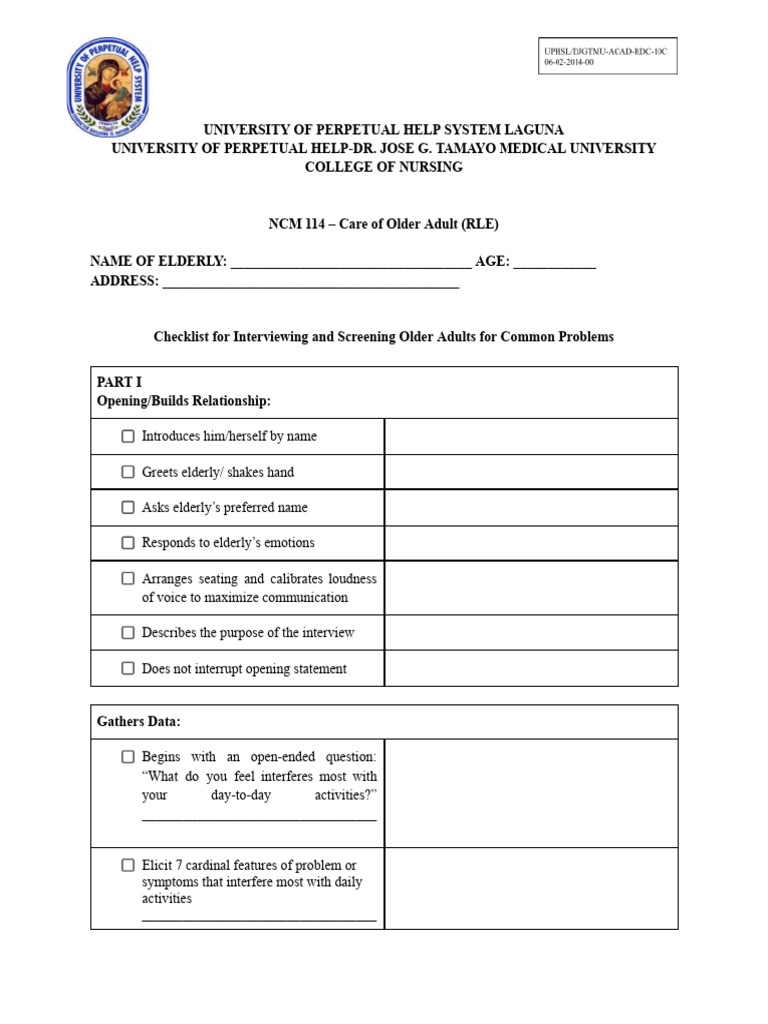 COA Checklist | PDF | Geriatrics | Clinical Medicine