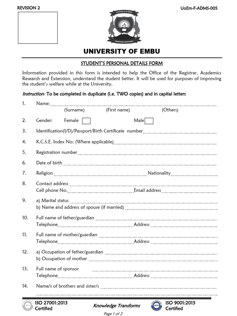 Student Personal Details Form | PDF