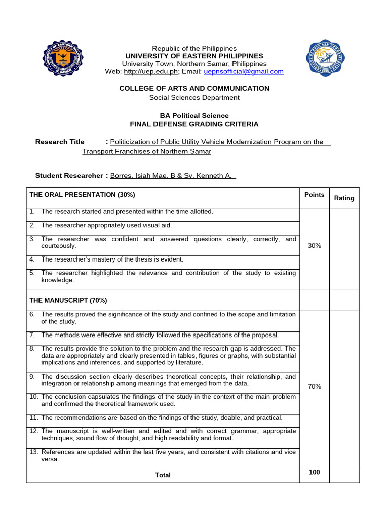 Final Defense Grading Criteria | PDF | Cognition | Science