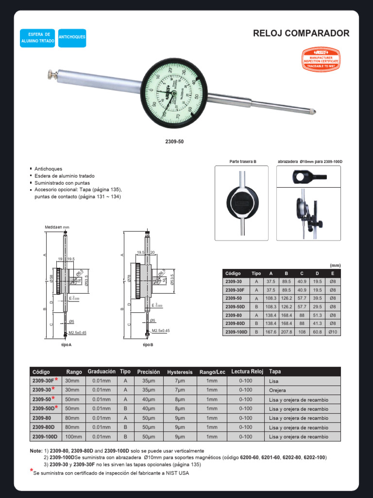 Relojes Comparadores: Modelos y Especificaciones | PDF