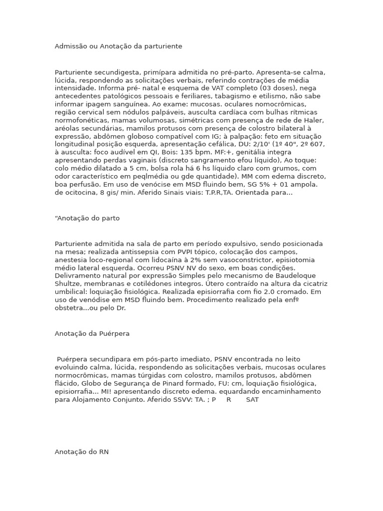 Admissão e Anotações de Parto e RN | PDF | Parto | Especialidades médicas