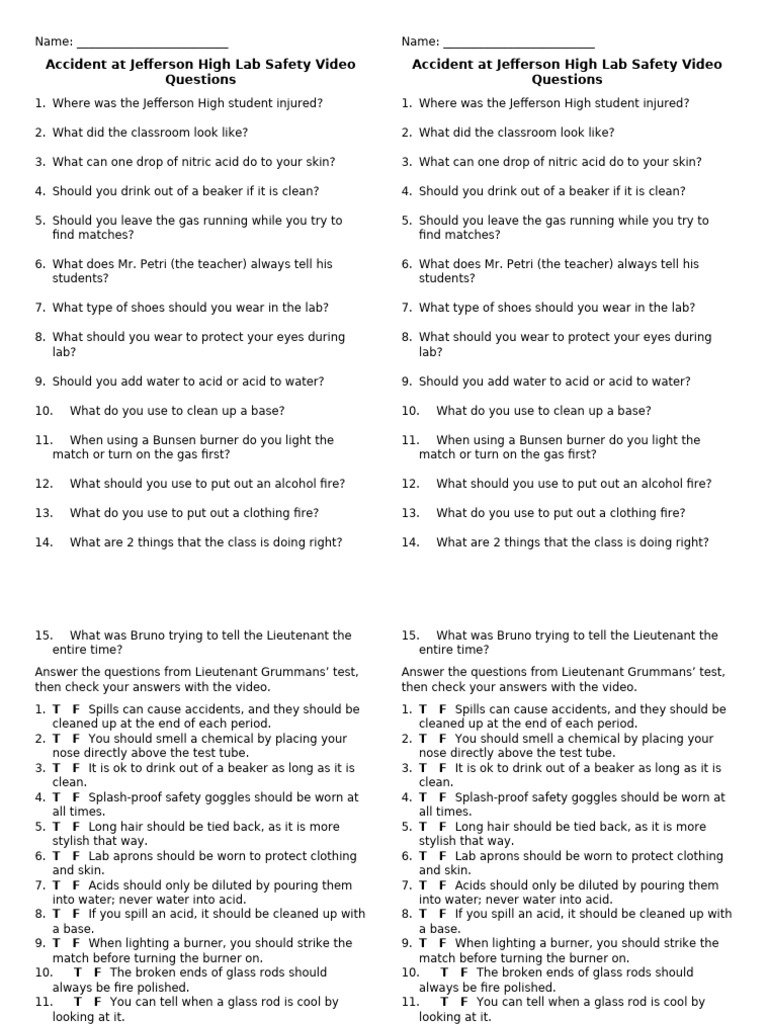 Accident at Jefferson High Lab Safety Video Sheet 2 | PDF | Foreign ...