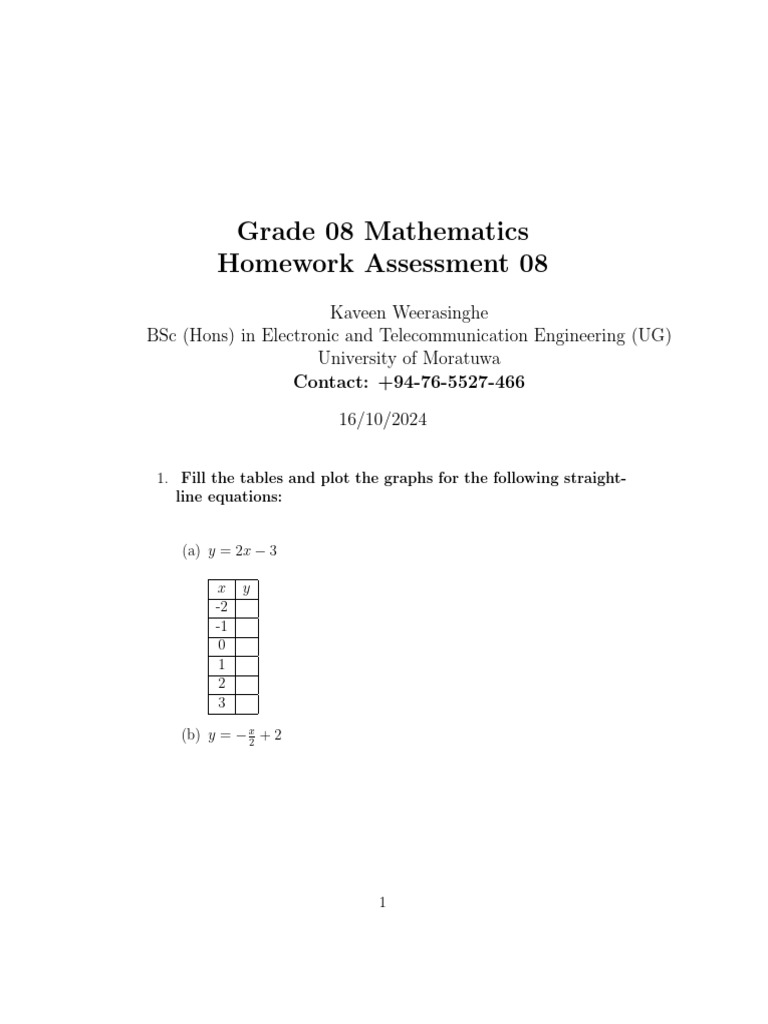 Grade 8 Math Homework: Graphs & Lines | PDF | Computers
