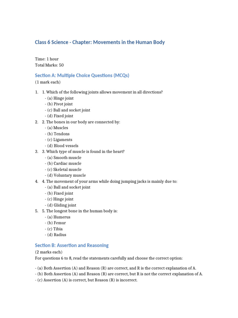 Human Body Movements: Class 6 Science | PDF