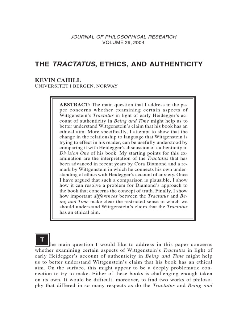 The Tractatus Ethics and Authenticity | PDF | Being And Time | Ludwig ...