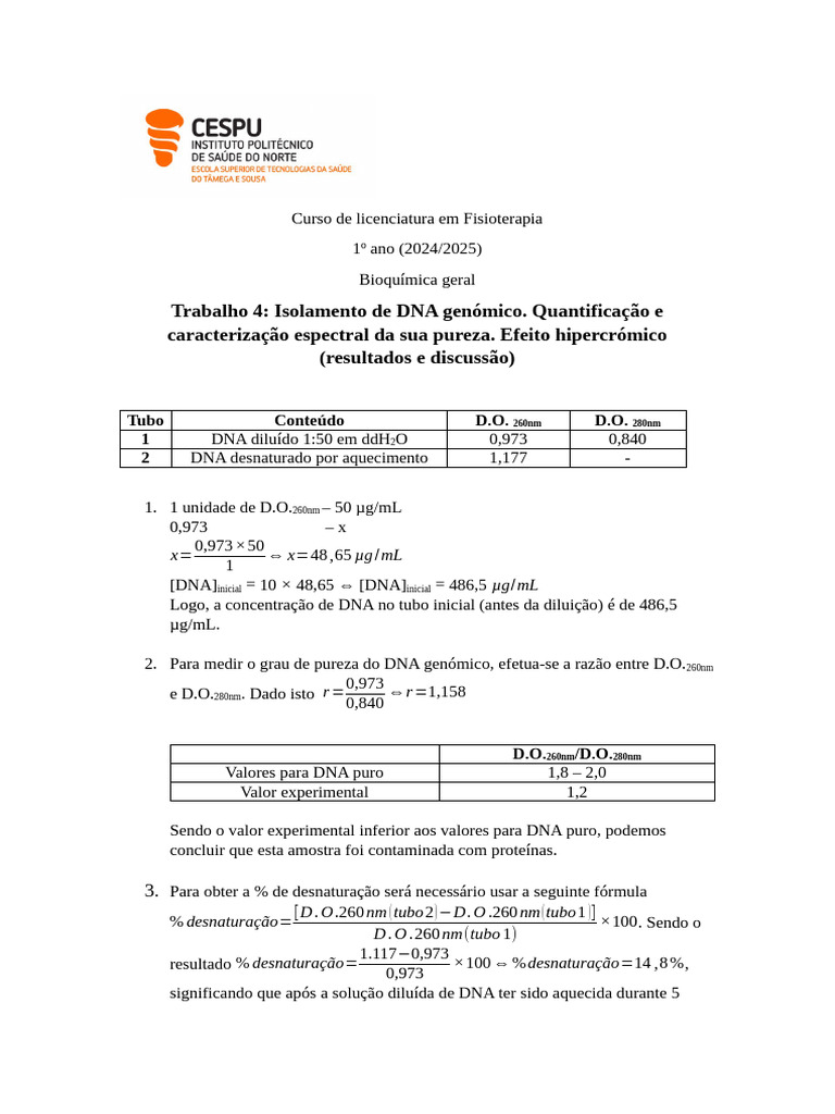 PL5 Trabalho 4 - Isolamento de DNA Genómico. Quantificação e ...