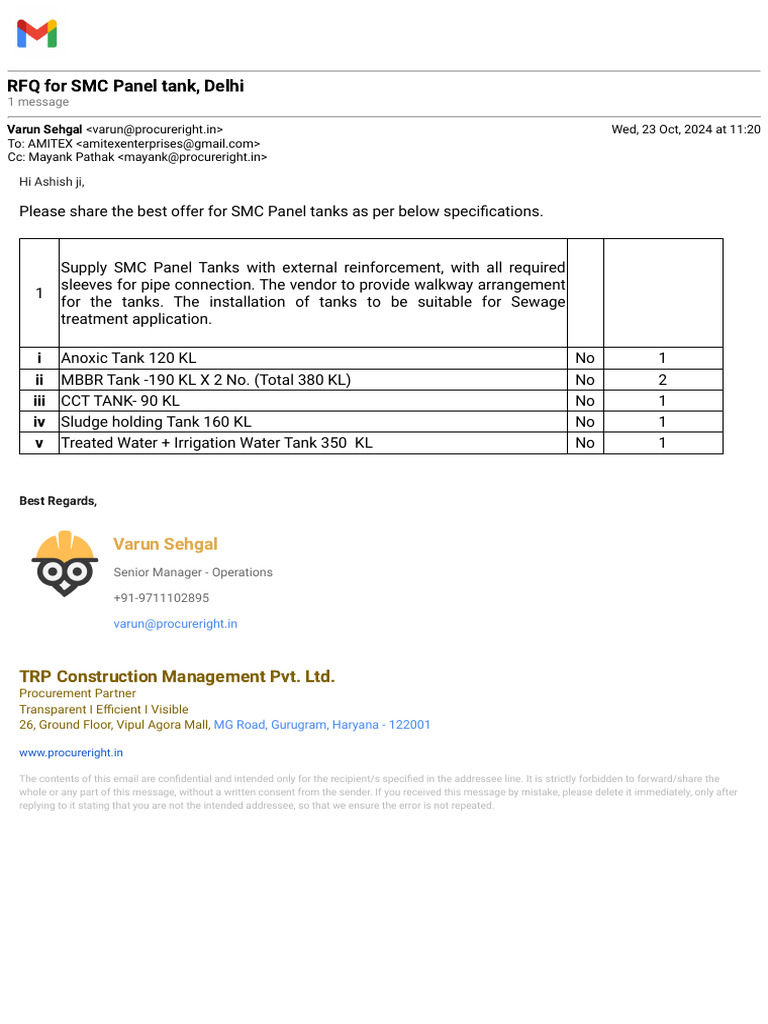 Gmail - RFQ For SMC Panel Tank, Delhi | PDF
