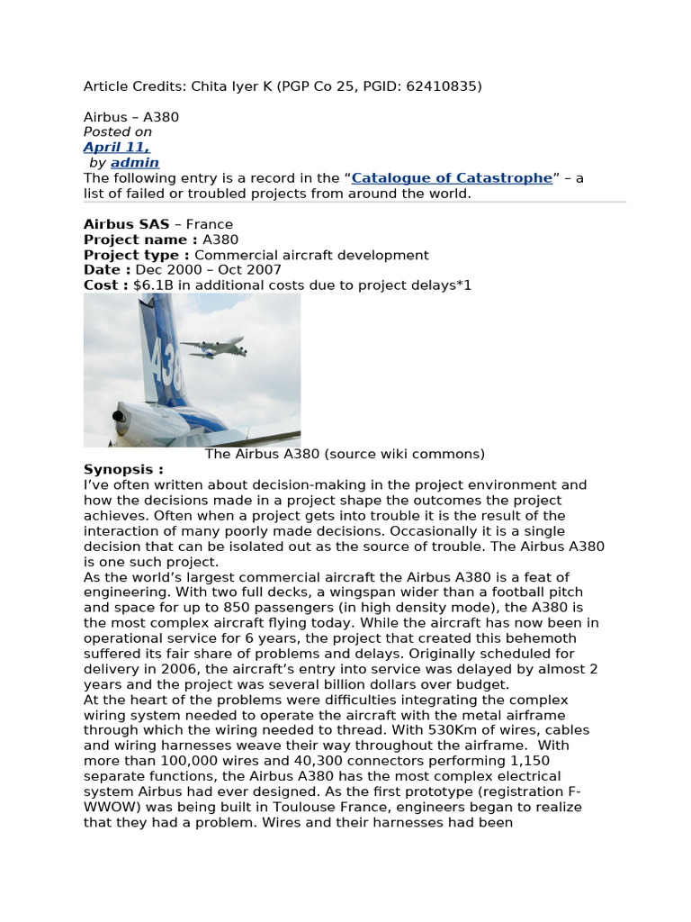 Airbus A380 Project Delays Explained | PDF | Airbus | Aircraft