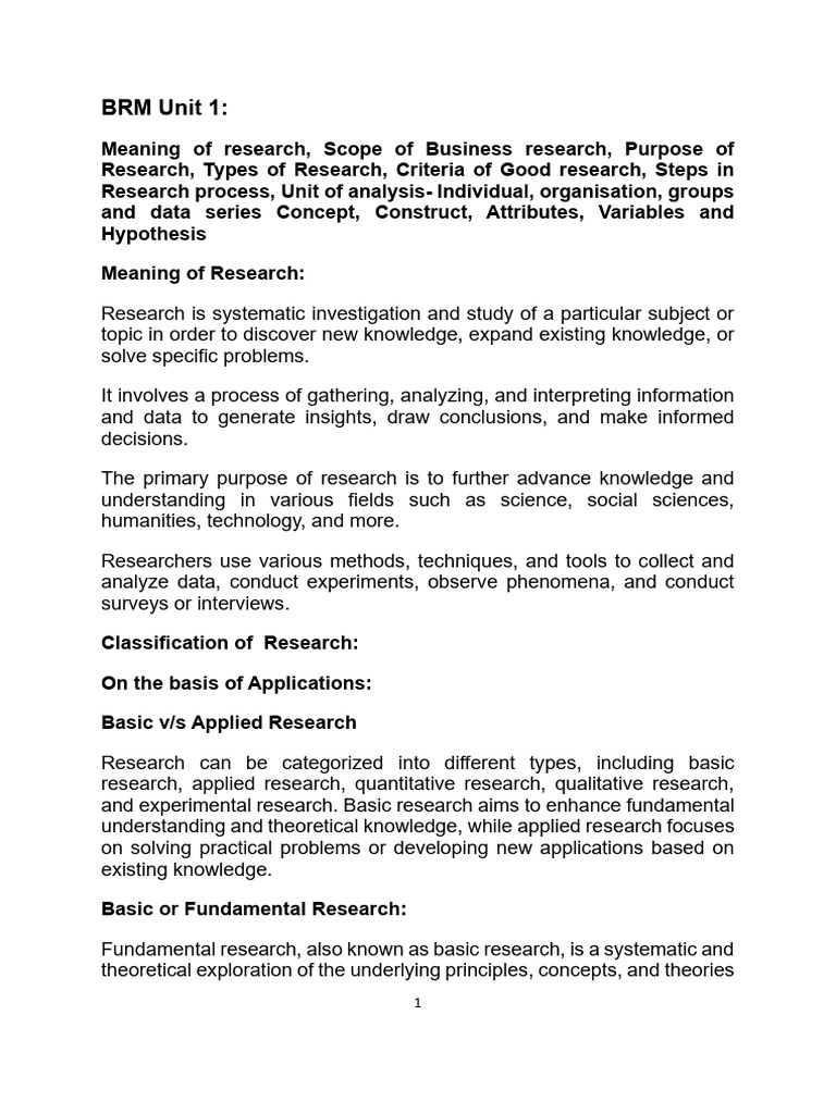 BRM Unit 1 | PDF | Hypothesis | Quantitative Research