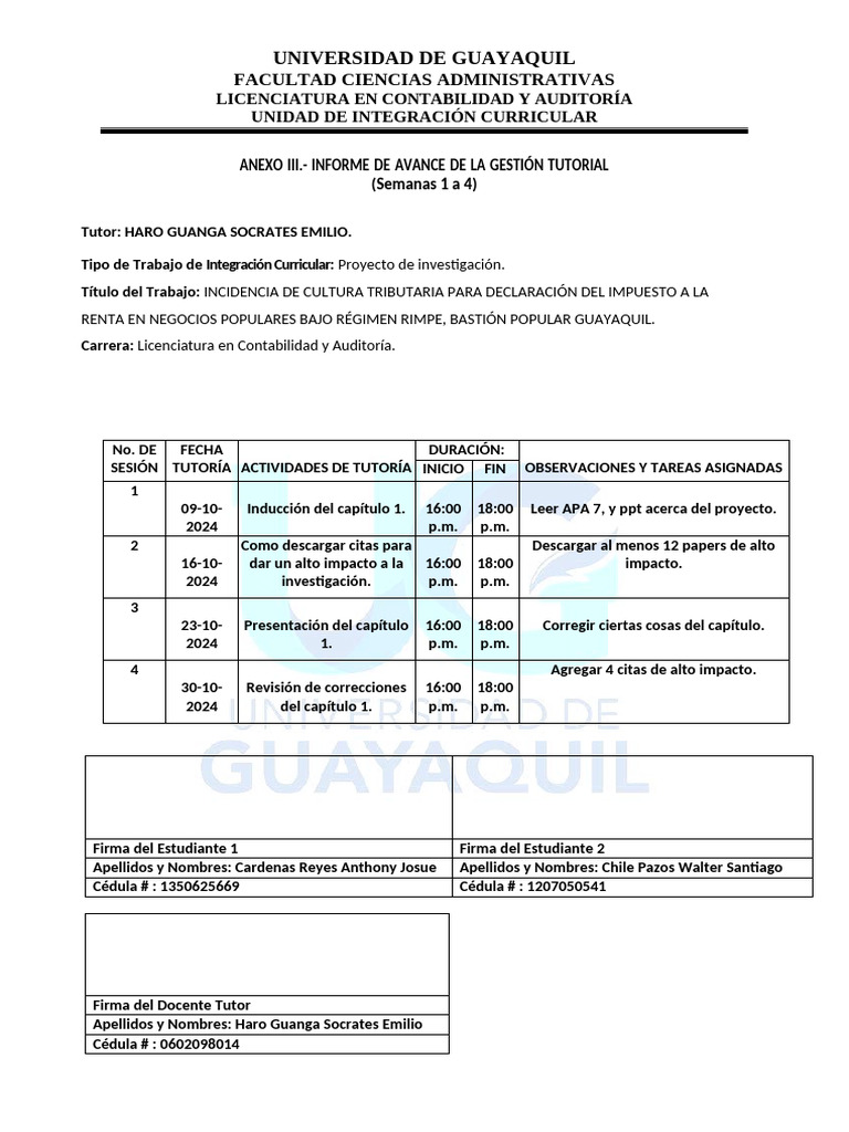Anexo III. Informe de Avance de La Gestión Tutorial - Semana 1-4 | PDF