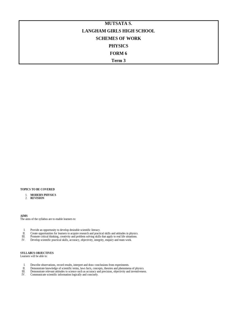 Physics F6 Scheme - Term3 2023 | PDF | Physics | Photoelectric Effect