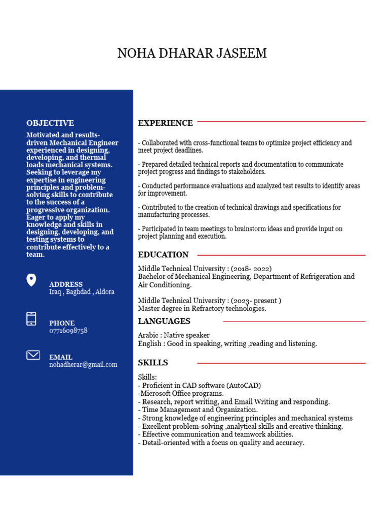 Noha Dharar Jaseem - CV | PDF | Mechanical Engineering | Engineering