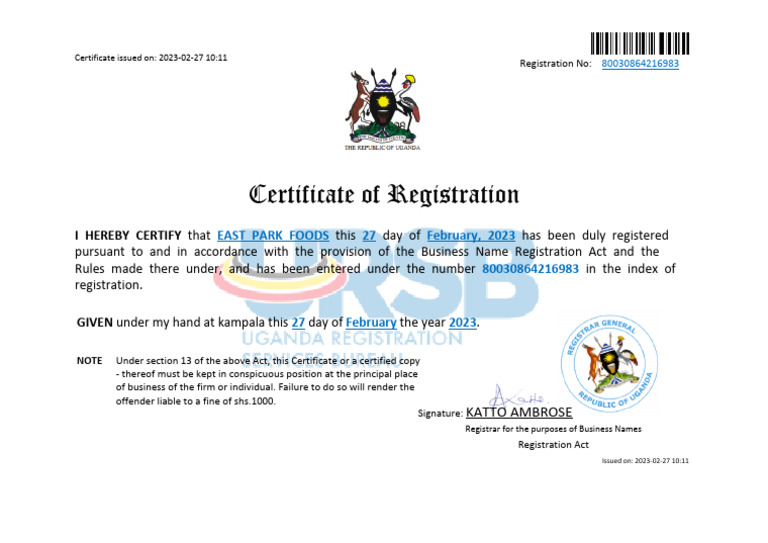 East Park Foods Registration Certificate | PDF