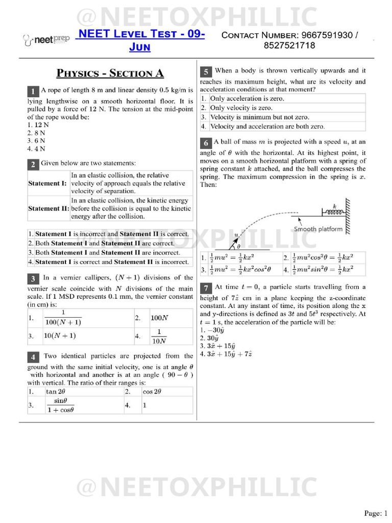 ONLINE TEST 01 @NEETOXPHILLIC CLASSROOM TEST SER Ram IES | PDF