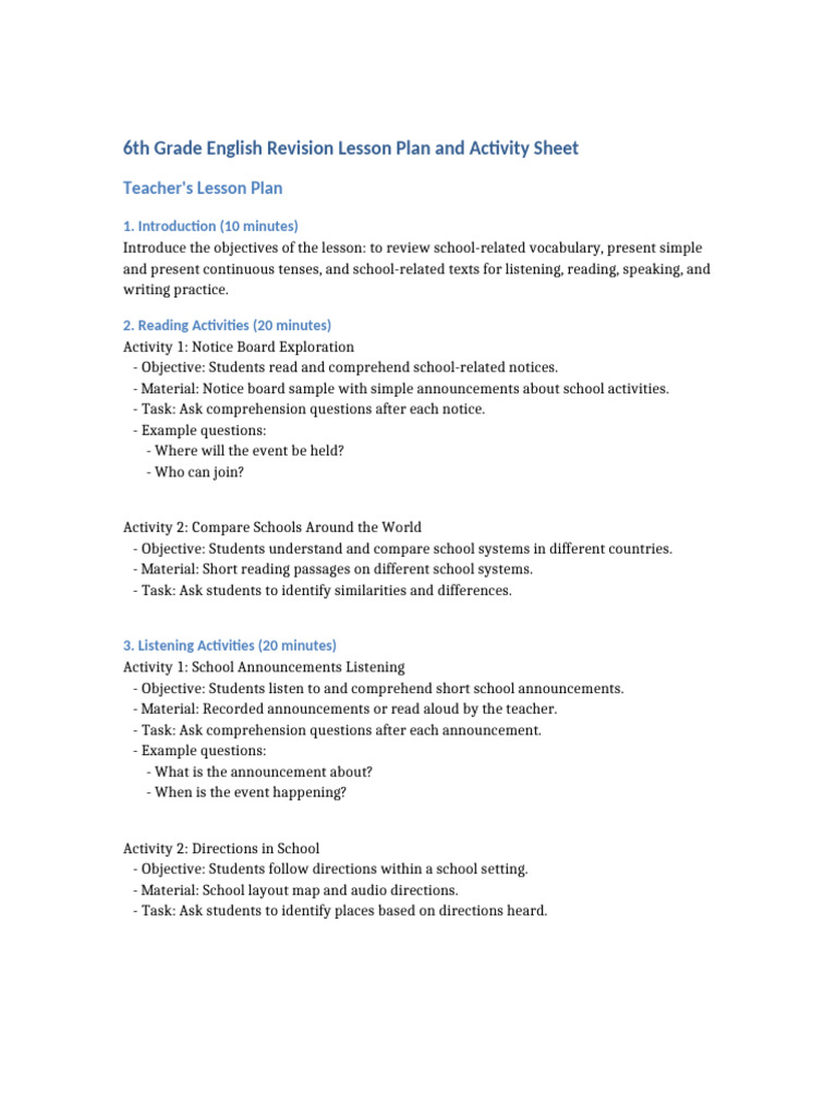 6th Grade English Revision Lesson Plan and Activity Sheet | PDF ...