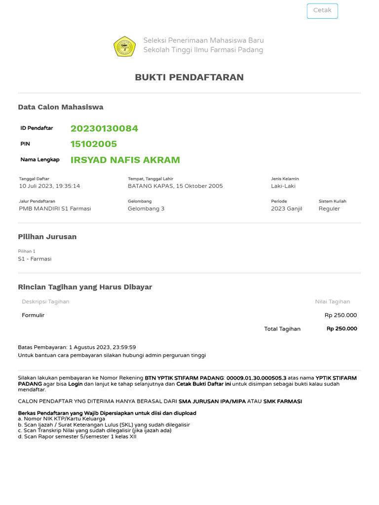 Pendaftaran S1 Farmasi STIFARM 2023 | PDF