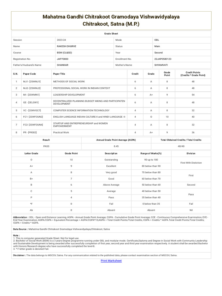 BSW Grade Sheet 2023-24 | PDF | Vocational Education | Qualifications