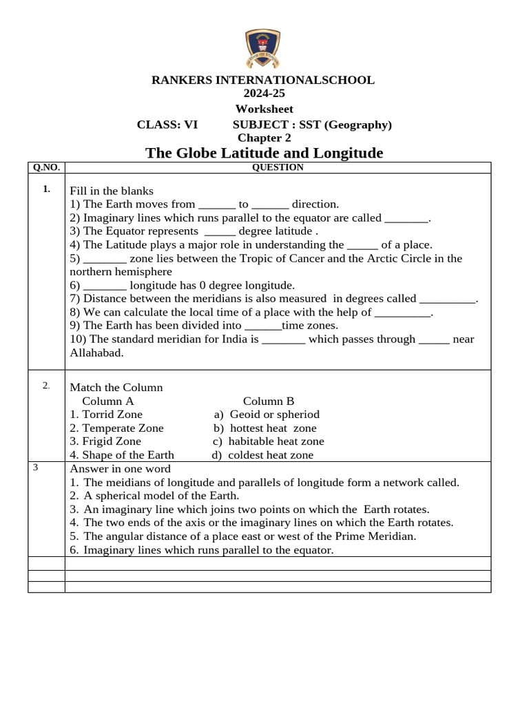 Class 6 Geography Worksheet: Latitude & Longitude | PDF