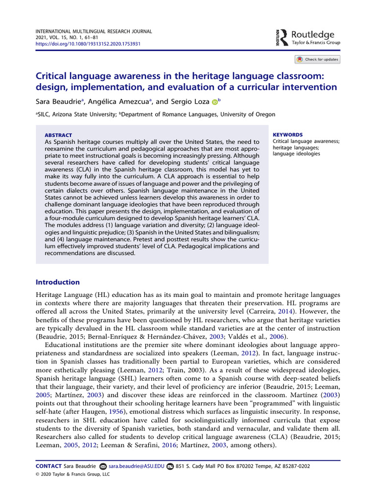Spanish Heritage Language Awareness | PDF | Multilingualism | Dialect