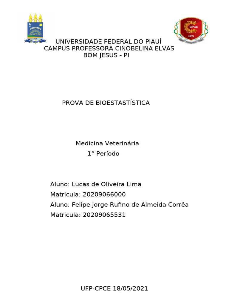 Prova de Bioestatística - Medicina Veterinária | PDF