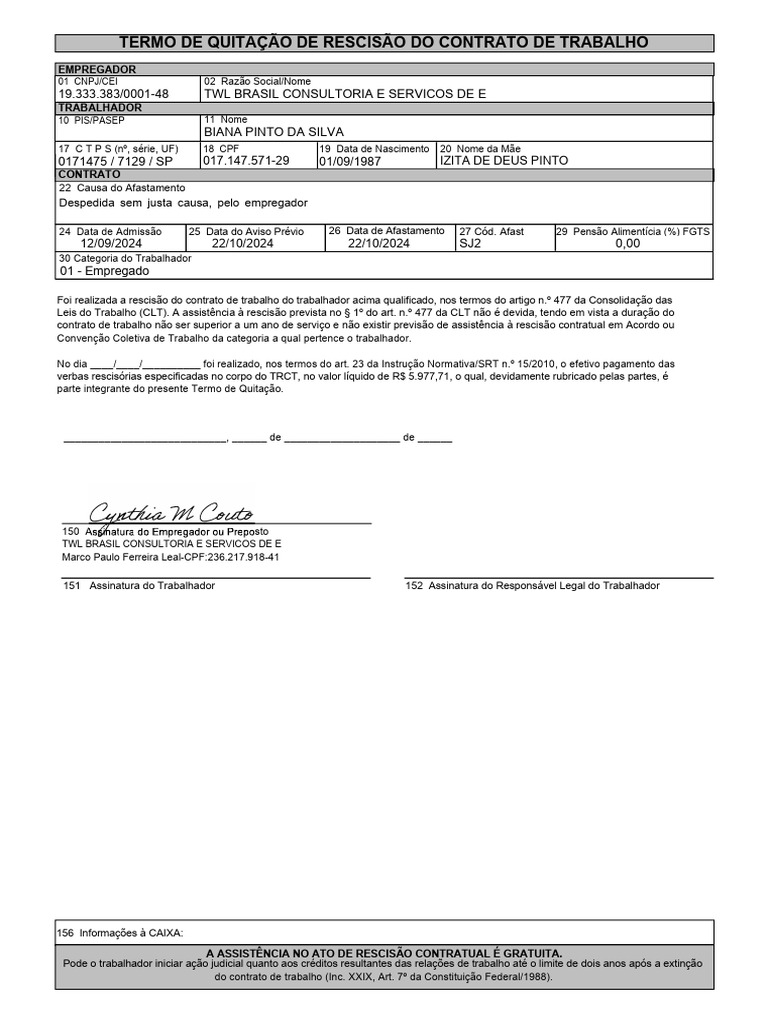 3110 10 Termo de Quitação de Rescisão Do Contrato de Trabalho - Biana ...