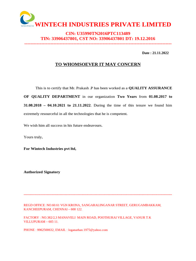 Wintech Industries Private Limited Ex | PDF