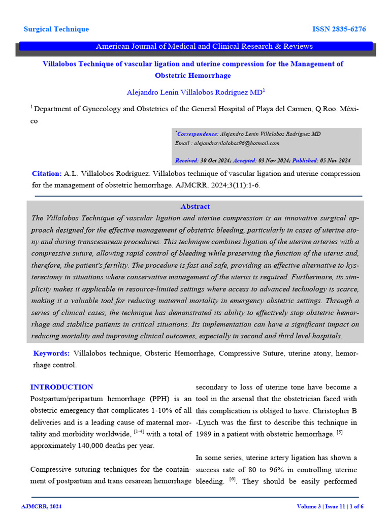 Villalobos Technique of Vascular Ligation and Uterine Compression For ...