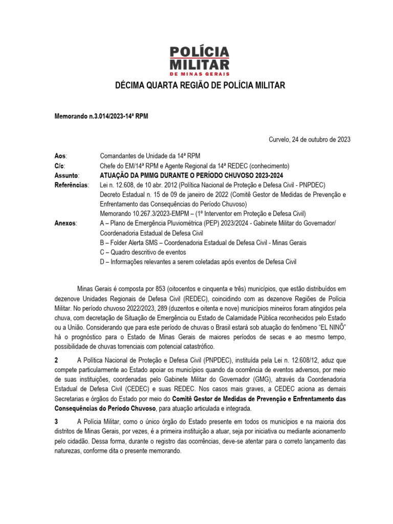 Mem 3.014 - Atuação Da PMMG No Período Chuvoso 2023-2024 - Proteção e ...