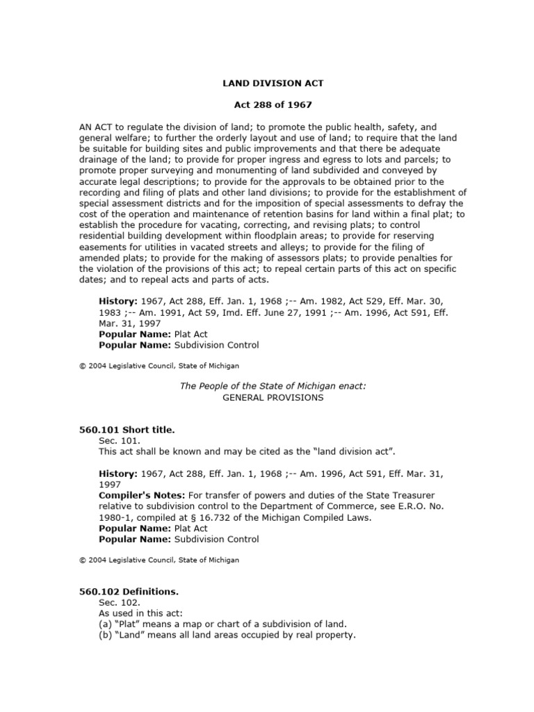 Michigan Land Division Act Overview | PDF | Land Lot | Plat