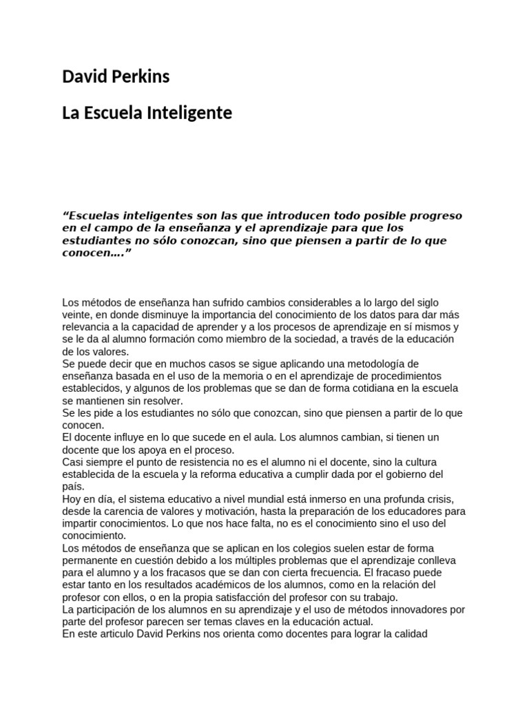 David Perkins La Escuela Inteligente | PDF | Enseñando | Maestros
