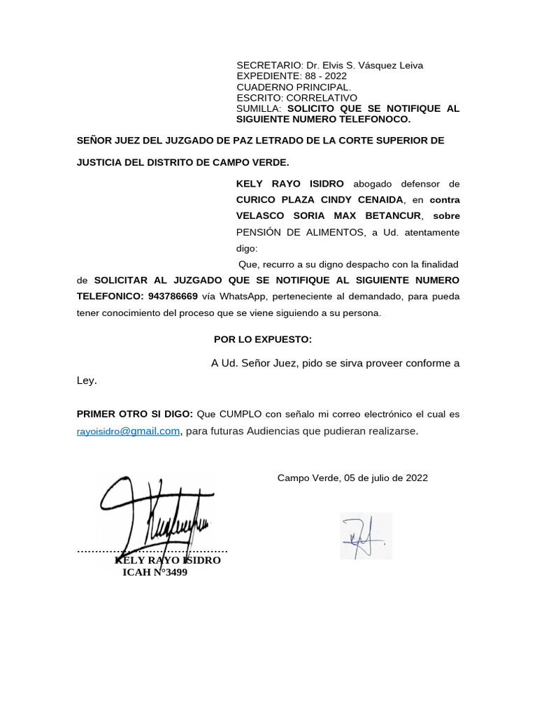 Solicito Se Notifique Al Numero Telefonico | PDF | Derecho