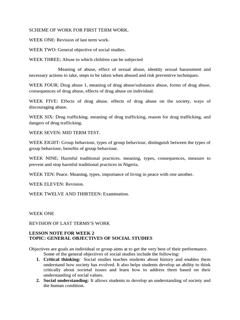 First Term Lesson Note For Jss Two Sos | PDF | Violence | Substance Abuse