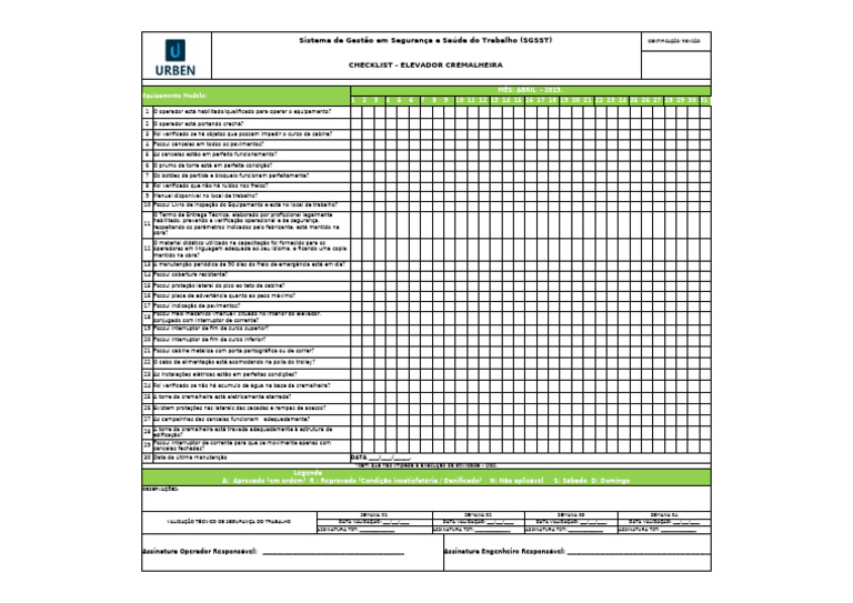 Checklist - Elevador Cremalheira | PDF | Tecnologia e Engenharia
