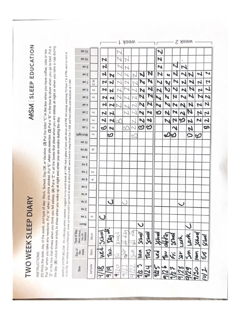 Two Week Sleep Diary | PDF