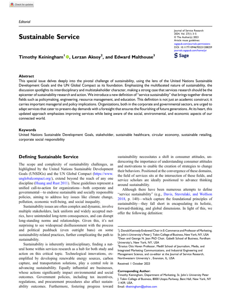 Keiningham Et Al 2023 Sustainable Service | PDF | Sustainability | Policy