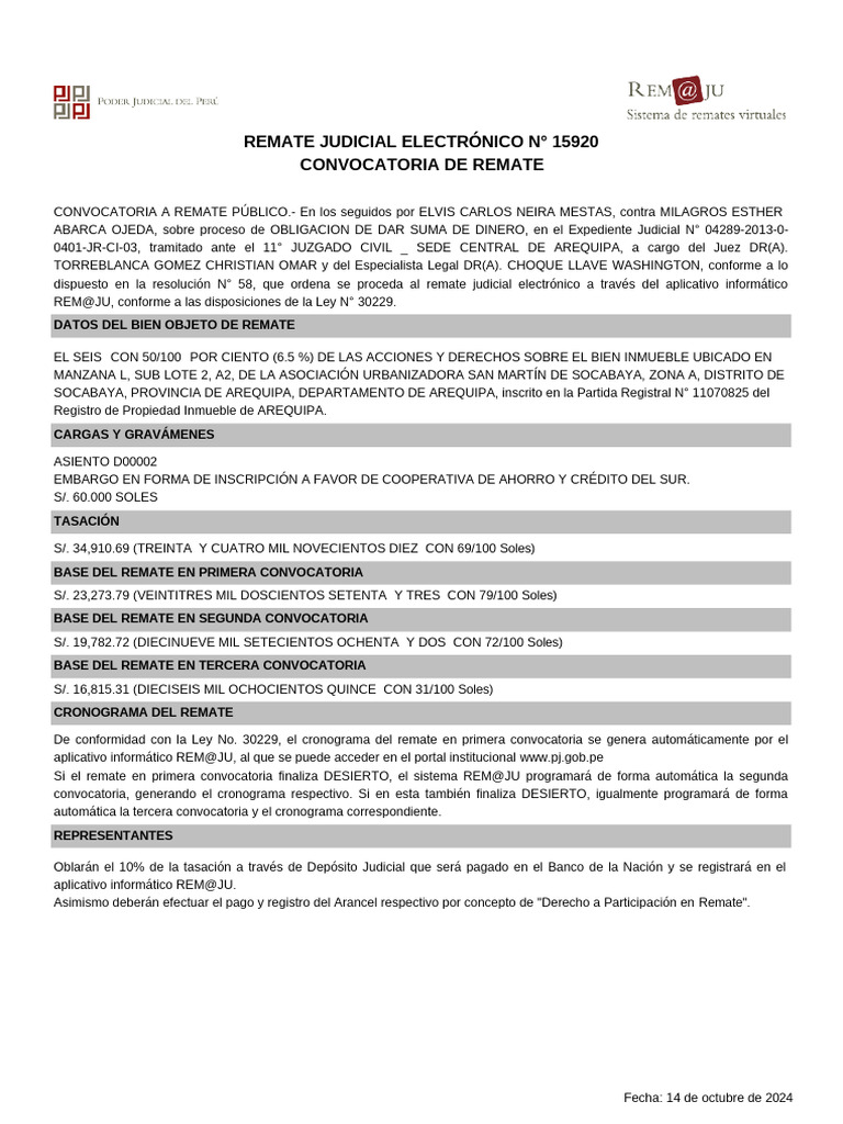 Remate Judicial Electrónico en Arequipa | PDF | Finanzas y dinero ...