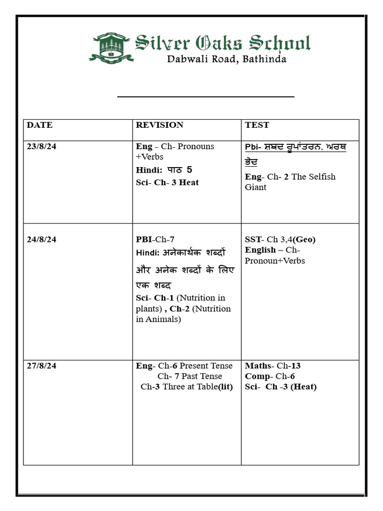 ClassVII E Revision Schedule | PDF