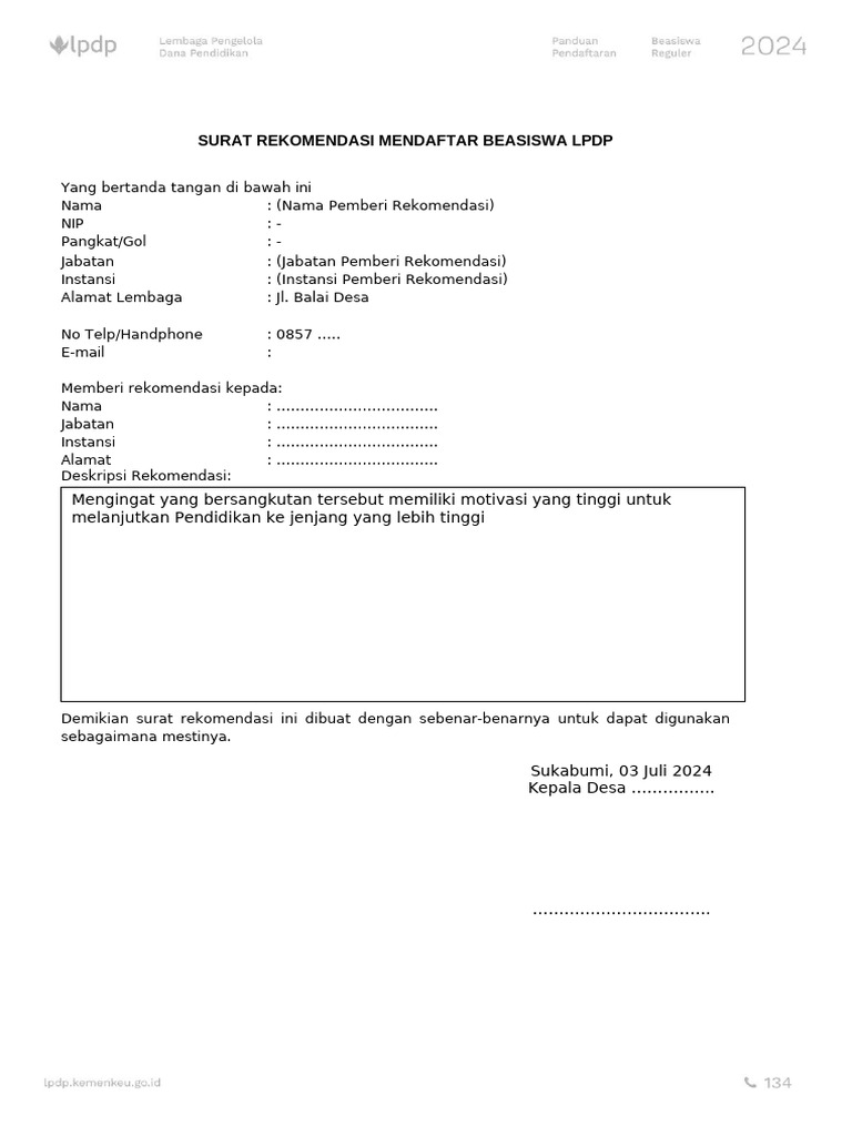 Contoh Form Surat Rekomendasi LPDP | PDF